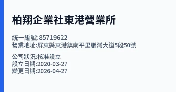 柏翔企業社東港營業所的照片-統編 85719622(屏東縣) 公司登記資料與營業項目詳細圖表