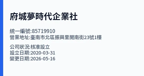 府城夢時代企業社的照片-統編 85719910(臺南市) 公司登記資料與營業項目詳細圖表