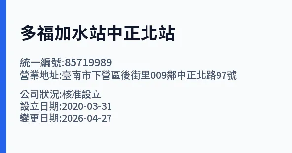 多福加水站中正北站的照片-統編 85719989(臺南市) 公司登記資料與營業項目詳細圖表