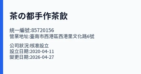 茶の都手作茶飲的照片-統編 85720156(臺南市) 公司登記資料與營業項目詳細圖表