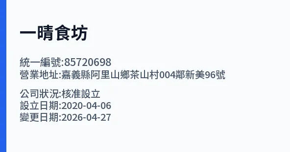 一晴食坊的照片-統編 85720698(嘉義縣) 公司登記資料與營業項目詳細圖表