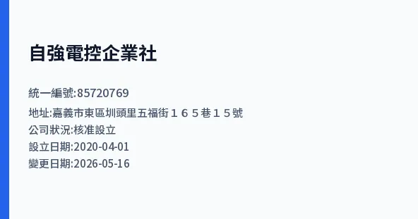自強電控企業社的照片-統編 85720769(嘉義市) 公司登記資料與營業項目詳細圖表