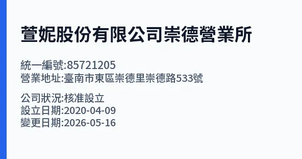 萱妮股份有限公司崇德營業所的照片-統編 85721205(臺南市) 公司登記資料與營業項目詳細圖表