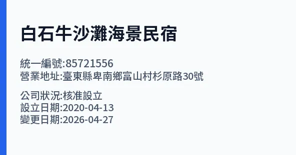 白石牛沙灘海景民宿的照片-統編 85721556(臺東縣) 公司登記資料與營業項目詳細圖表