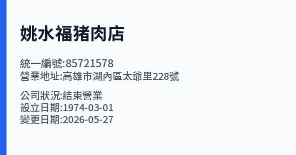 姚水福猪肉店的照片-統編 85721578(高雄市) 公司登記資料與營業項目詳細圖表