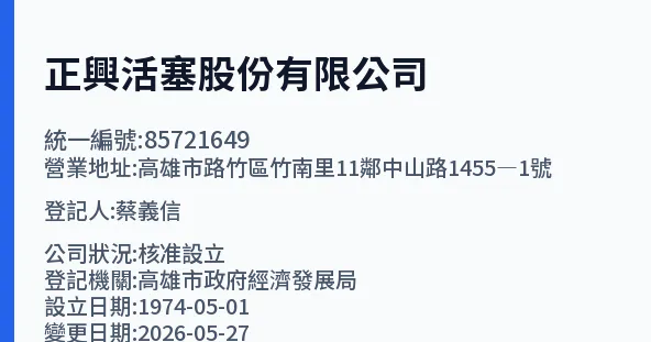 正興活塞股份有限公司的照片-統編 85721649(高雄市) 公司登記資料與營業項目詳細圖表