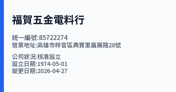 福賀五金電料行的照片-統編 85722274(高雄市) 公司登記資料與營業項目詳細圖表