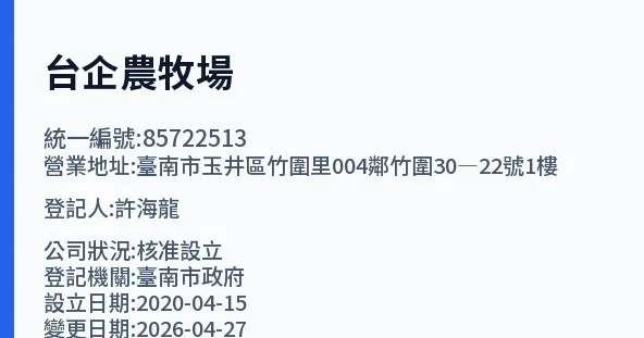 台企農牧場的照片-統編 85722513(臺南市) 公司登記資料與營業項目詳細圖表