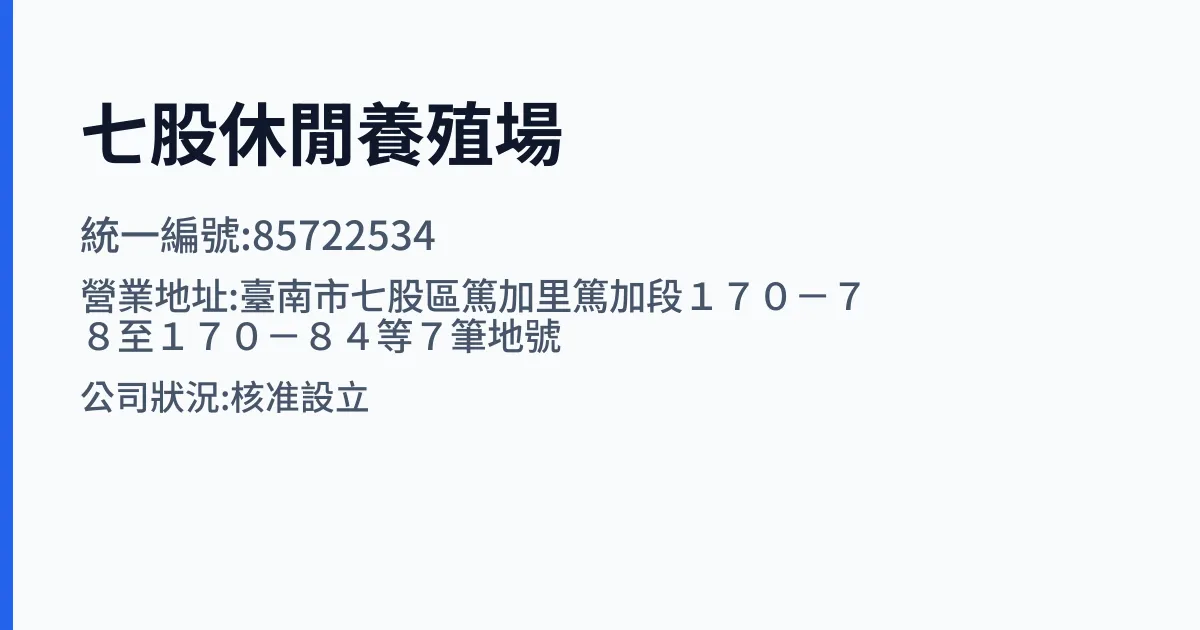 七股休閒養殖場 - 統編 85722534(臺南市) 公司登記資料與營業項目詳細圖表