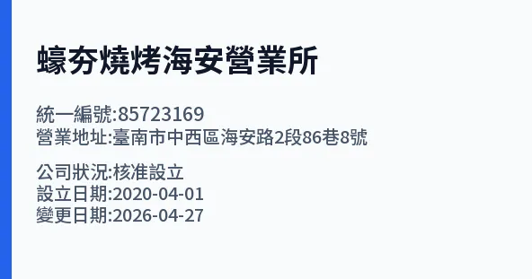 蠔夯燒烤海安營業所的照片-統編 85723169(臺南市) 公司登記資料與營業項目詳細圖表