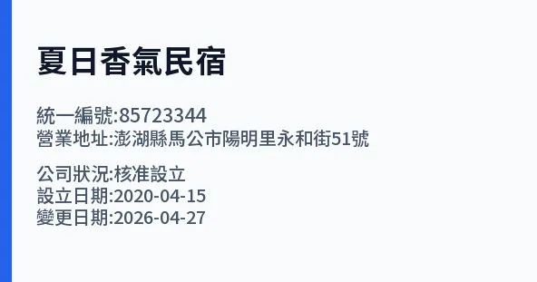 夏日香氣民宿的照片-統編 85723344(澎湖縣) 公司登記資料與營業項目詳細圖表