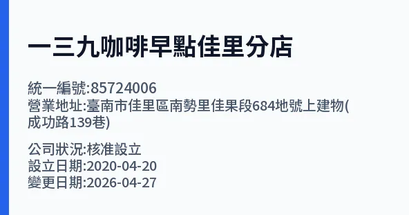一三九咖啡早點佳里分店的照片-統編 85724006(臺南市) 公司登記資料與營業項目詳細圖表