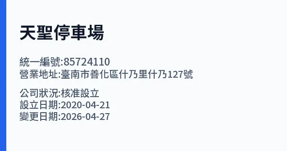 天聖停車場的照片-統編 85724110(臺南市) 公司登記資料與營業項目詳細圖表
