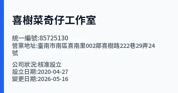 喜樹菜奇仔工作室的照片-統編 85725130(臺南市) 公司登記資料與營業項目詳細圖表
