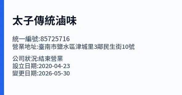 太子傳統滷味的照片-統編 85725716(臺南市) 公司登記資料與營業項目詳細圖表