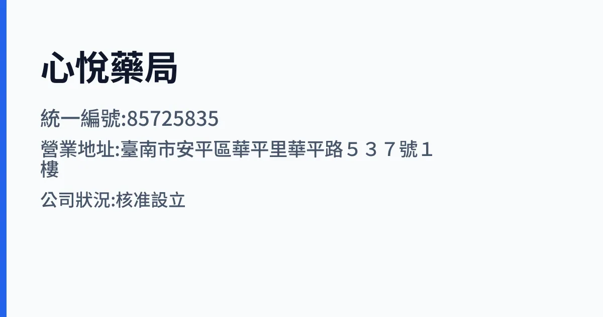 心悅藥局 - 統編 85725835(臺南市) 公司登記資料與營業項目詳細圖表