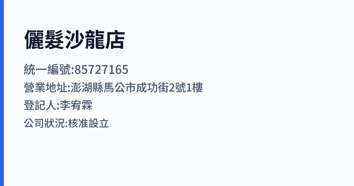 儷髮沙龍店 - 統編 85727165(澎湖縣) 公司登記資料與營業項目詳細圖表