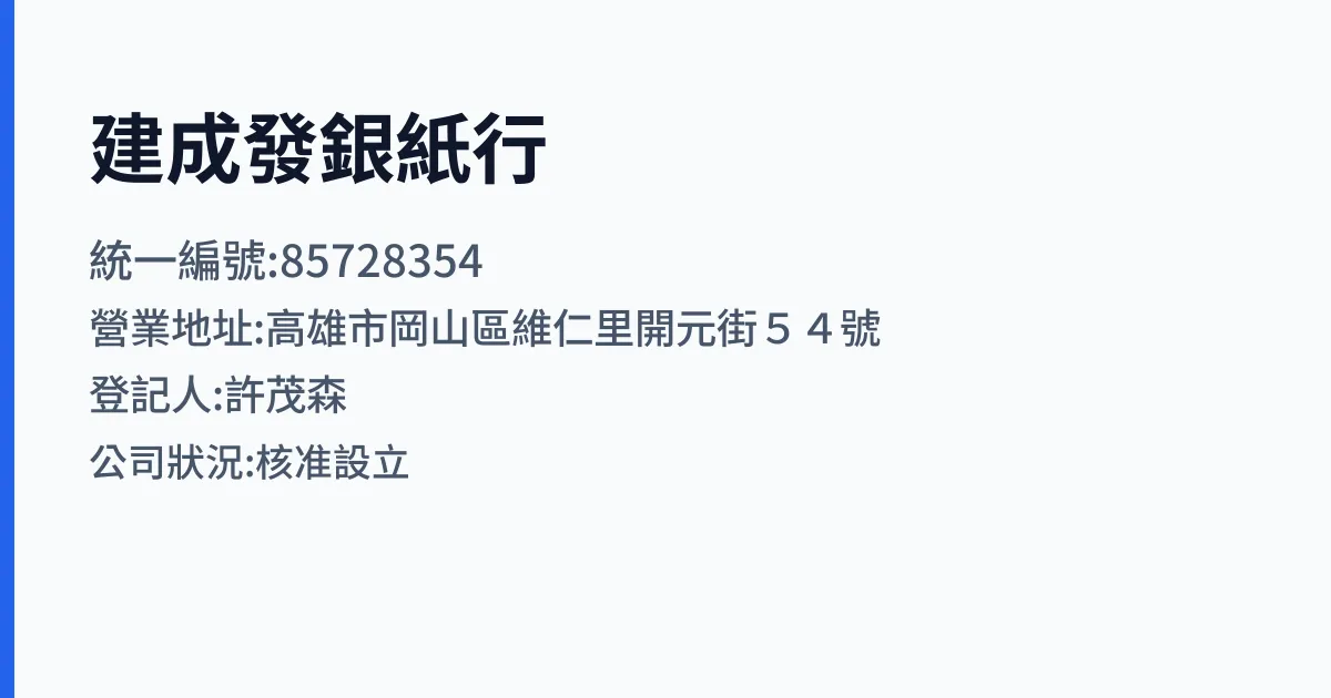 建成發銀紙行 - 統編 85728354(高雄市) 公司登記資料與營業項目詳細圖表
