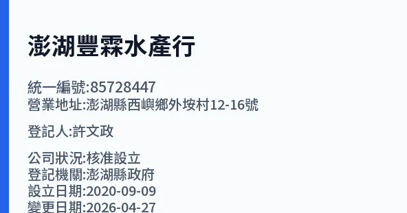 澎湖豐霖水產行的照片-統編 85728447(澎湖縣) 公司登記資料與營業項目詳細圖表