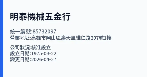 明泰機械五金行的照片-統編 85732097(高雄市) 公司登記資料與營業項目詳細圖表