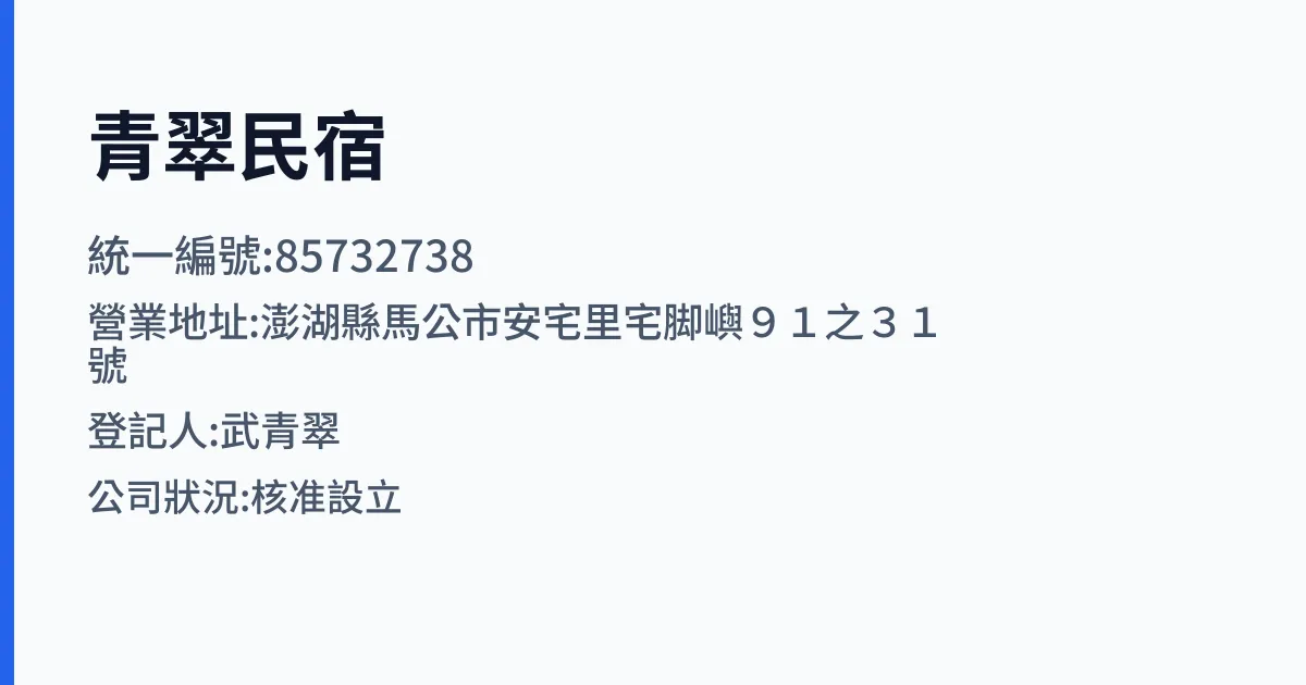 青翠民宿 - 統編 85732738(澎湖縣) 公司登記資料與營業項目詳細圖表
