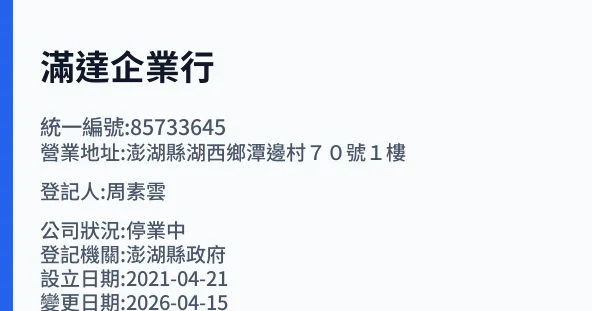 滿達企業行的照片-統編 85733645(澎湖縣) 公司登記資料與營業項目詳細圖表