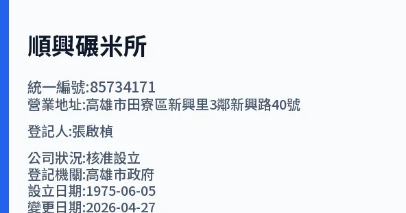 順興碾米所的照片-統編 85734171(高雄市) 公司登記資料與營業項目詳細圖表