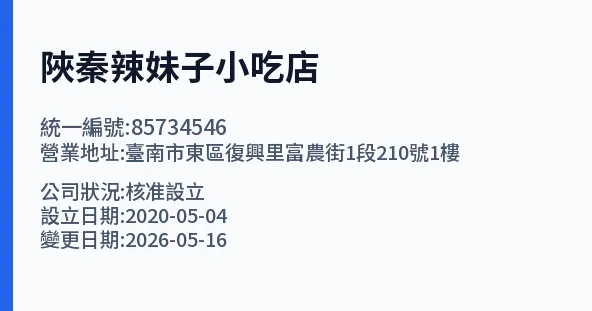 陜秦辣妹子小吃店的照片-統編 85734546(臺南市) 公司登記資料與營業項目詳細圖表