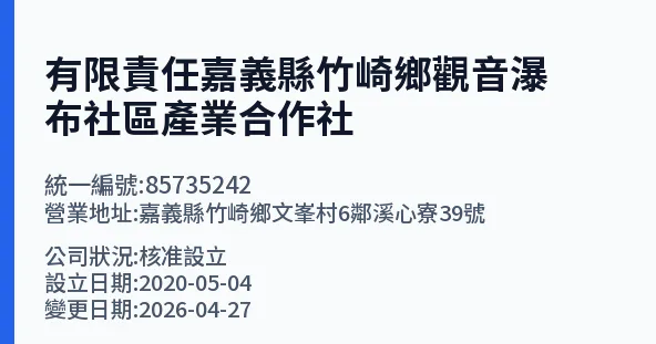有限責任嘉義縣竹崎鄉觀音瀑布社區產業合作社的照片-統編 85735242(嘉義縣) 公司登記資料與營業項目詳細圖表