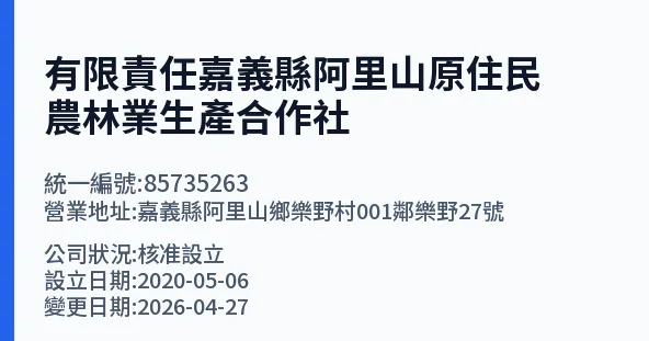 有限責任嘉義縣阿里山原住民農林業生產合作社的照片-統編 85735263(嘉義縣) 公司登記資料與營業項目詳細圖表