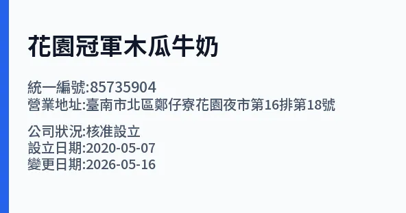 花園冠軍木瓜牛奶的照片-統編 85735904(臺南市) 公司登記資料與營業項目詳細圖表