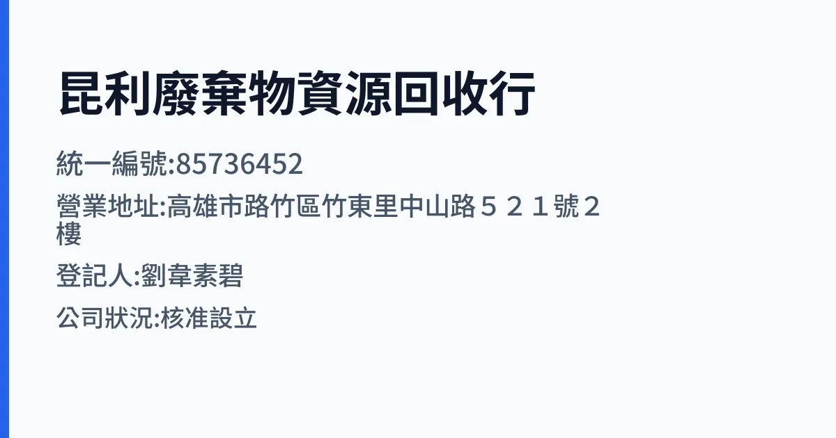 昆利廢棄物資源回收行 - 統編 85736452(高雄市) 公司登記資料與營業項目詳細圖表