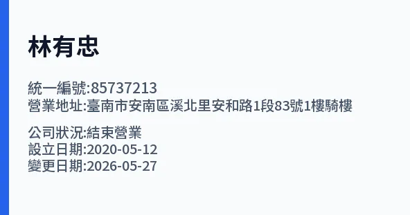 林有忠的照片-統編 85737213(臺南市) 公司登記資料與營業項目詳細圖表