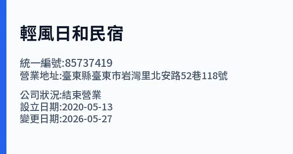 輕風日和民宿的照片-統編 85737419(臺東縣) 公司登記資料與營業項目詳細圖表