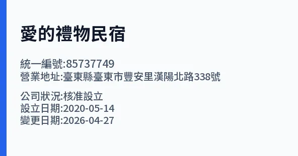 愛的禮物民宿的照片-統編 85737749(臺東縣) 公司登記資料與營業項目詳細圖表