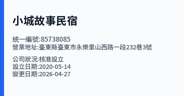 小城故事民宿的照片-統編 85738085(臺東縣) 公司登記資料與營業項目詳細圖表