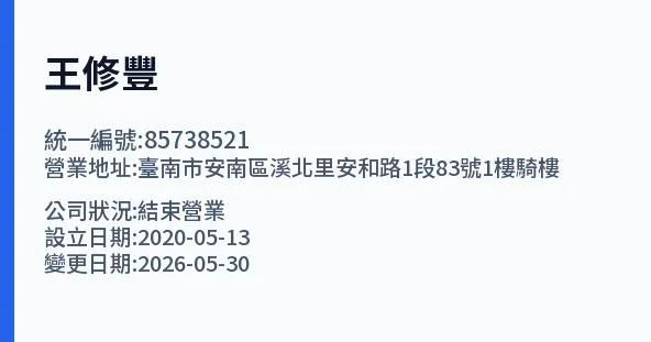 王修豐的照片-統編 85738521(臺南市) 公司登記資料與營業項目詳細圖表