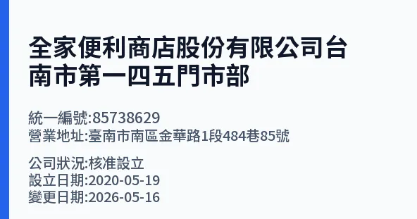 全家便利商店股份有限公司台南市第一四五門市部的照片-統編 85738629(臺南市) 公司登記資料與營業項目詳細圖表