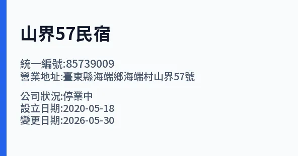 山界57民宿的照片-統編 85739009(臺東縣) 公司登記資料與營業項目詳細圖表