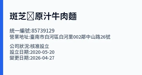 斑芝㳸原汁牛肉麵的照片-統編 85739129(臺南市) 公司登記資料與營業項目詳細圖表