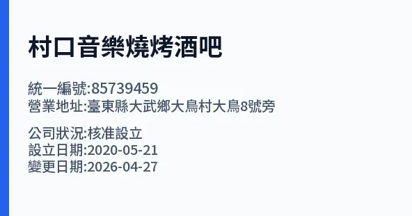 村口音樂燒烤酒吧的照片-統編 85739459(臺東縣) 公司登記資料與營業項目詳細圖表