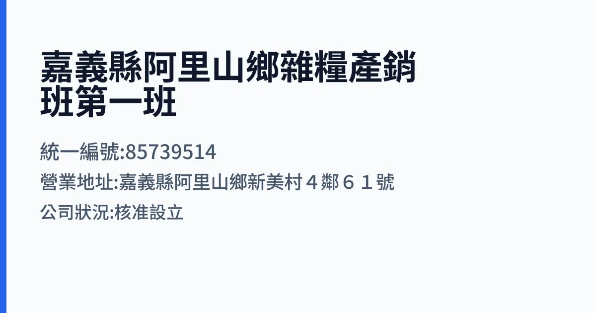 嘉義縣阿里山鄉雜糧產銷班第一班 - 統編 85739514(嘉義縣) 公司登記資料與營業項目詳細圖表