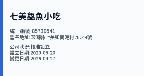 七美鱻魚小吃的照片-統編 85739541(澎湖縣) 公司登記資料與營業項目詳細圖表