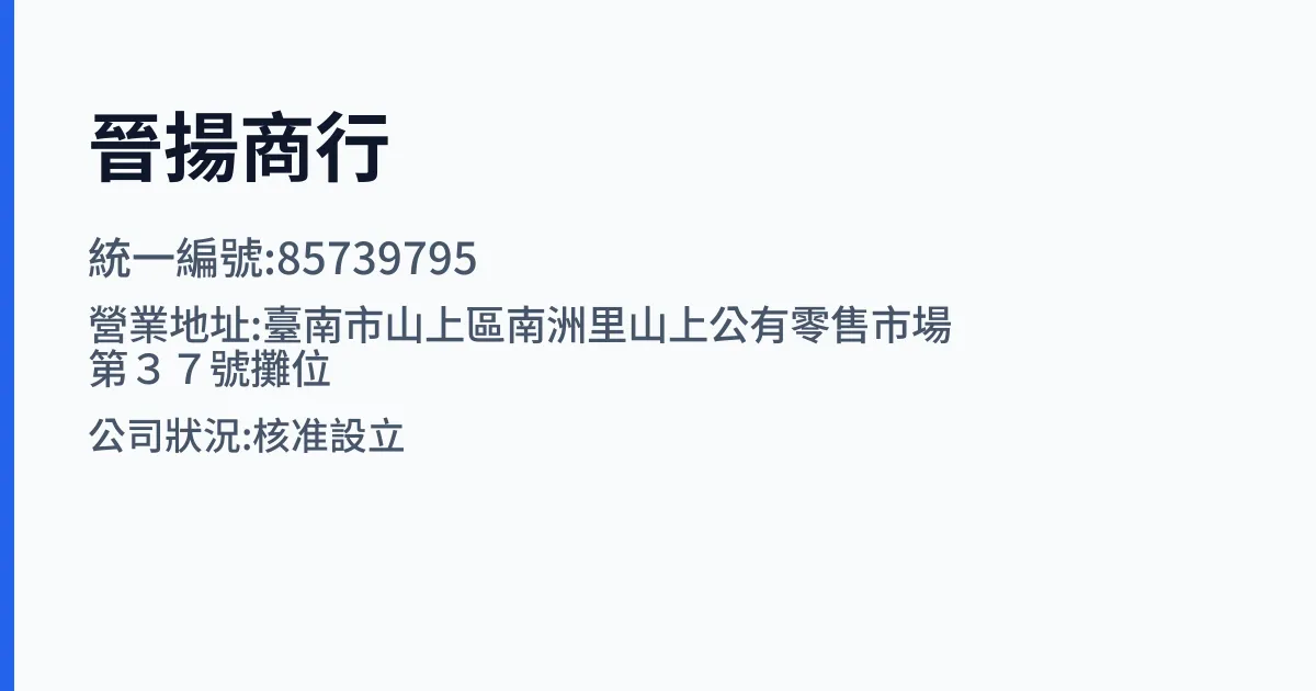 晉揚商行 - 統編 85739795(臺南市) 公司登記資料與營業項目詳細圖表