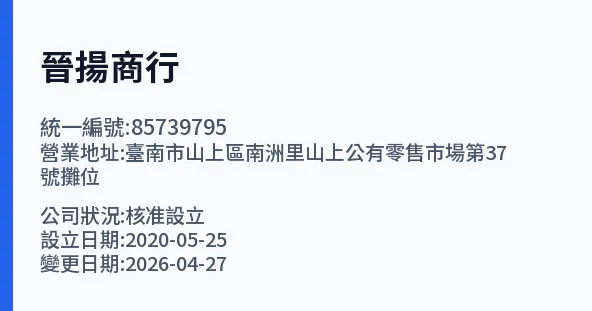 晉揚商行的照片-統編 85739795(臺南市) 公司登記資料與營業項目詳細圖表