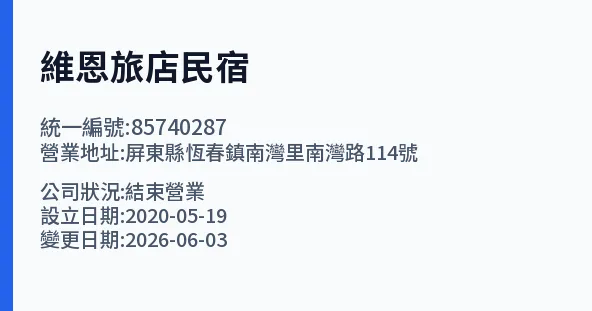 維恩旅店民宿的照片-統編 85740287(屏東縣) 公司登記資料與營業項目詳細圖表