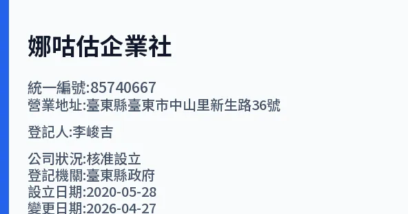 娜咕估企業社的照片-統編 85740667(臺東縣) 公司登記資料與營業項目詳細圖表