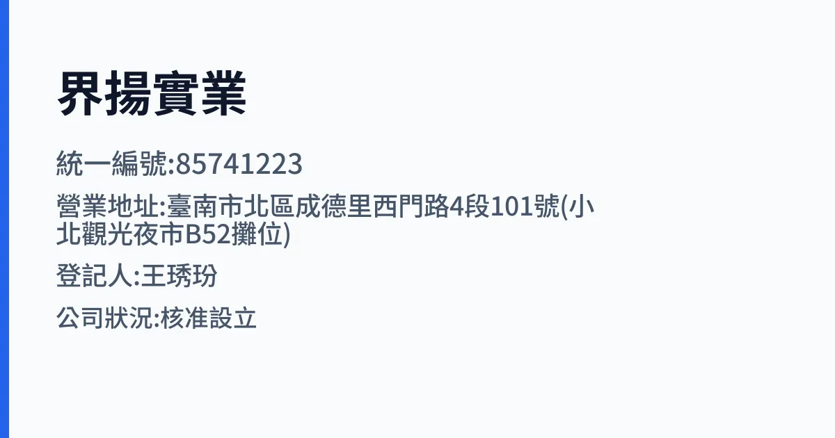 界揚實業 - 統編 85741223(臺南市) 公司登記資料與營業項目詳細圖表