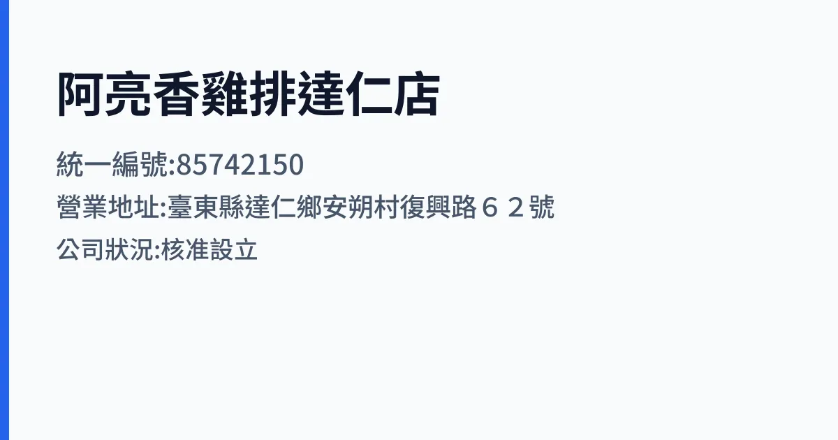 阿亮香雞排達仁店 - 統編 85742150(臺東縣) 公司登記資料與營業項目詳細圖表
