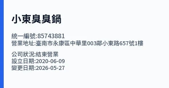 小東臭臭鍋的照片-統編 85743881(臺南市) 公司登記資料與營業項目詳細圖表